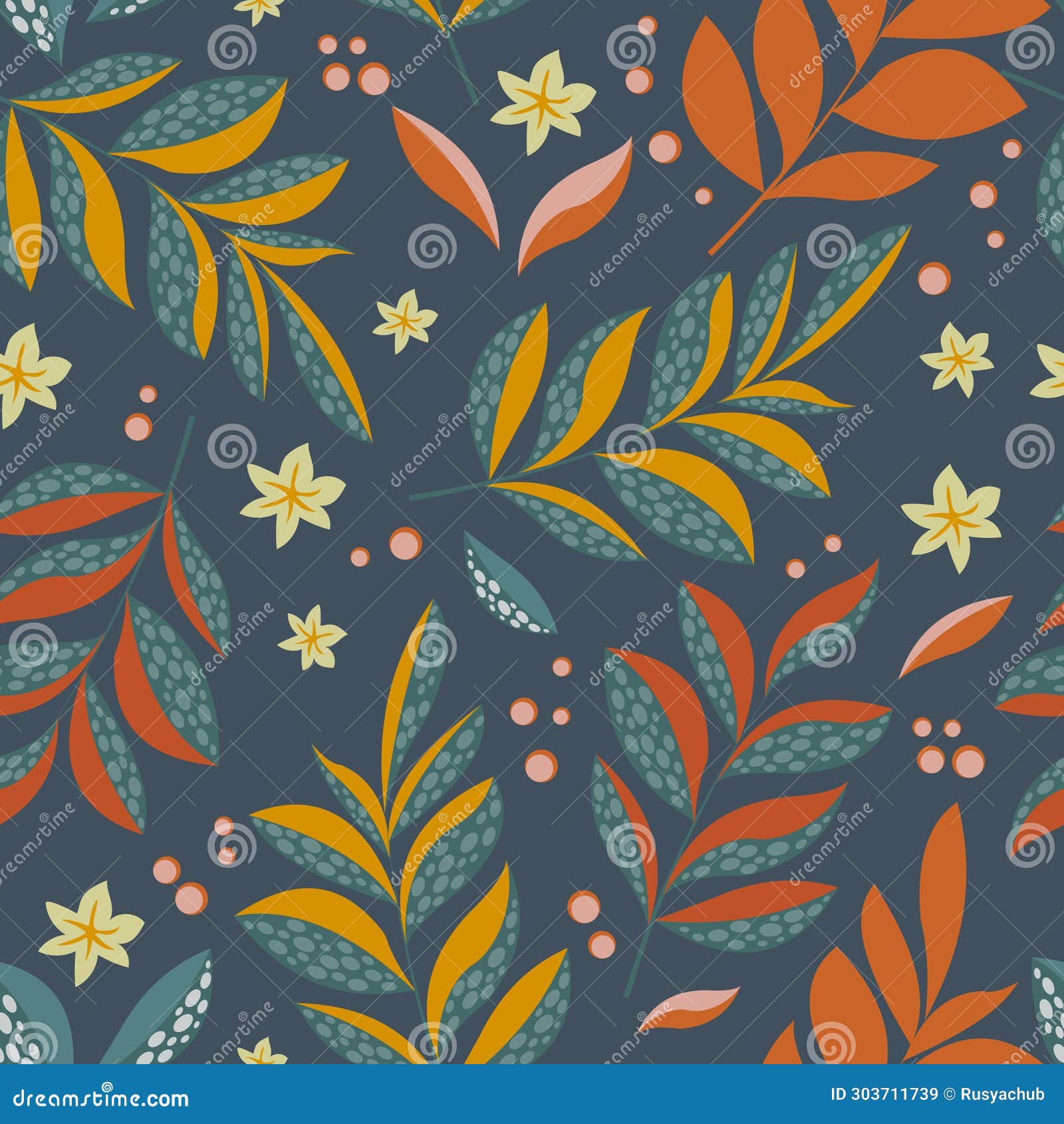 Colorful Fantasy Leaves on Branches with Small Flowers Form a Seamless ...