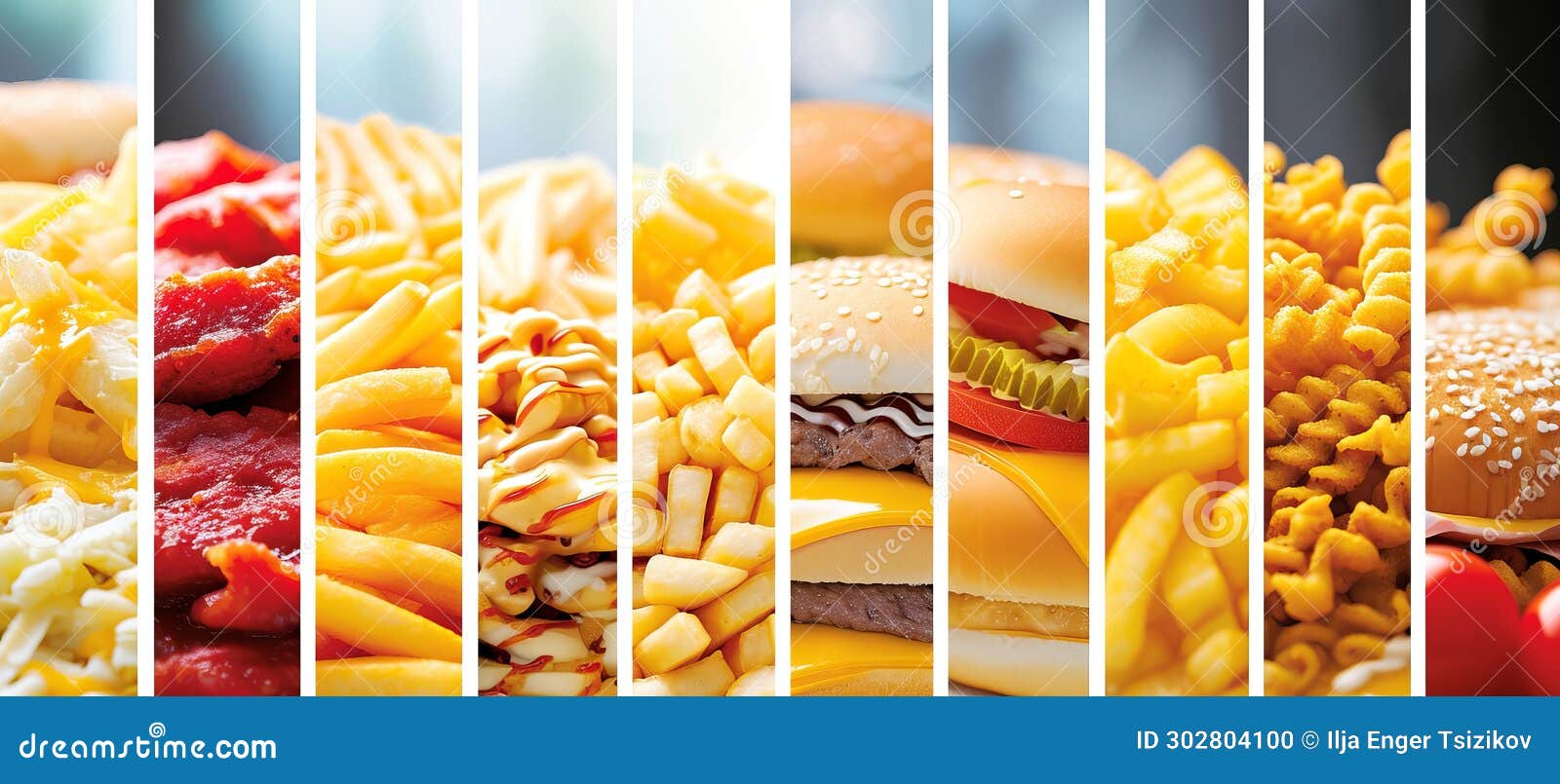 Colorful Fast Food Collage with White Lines, Divided into 7 Segments ...