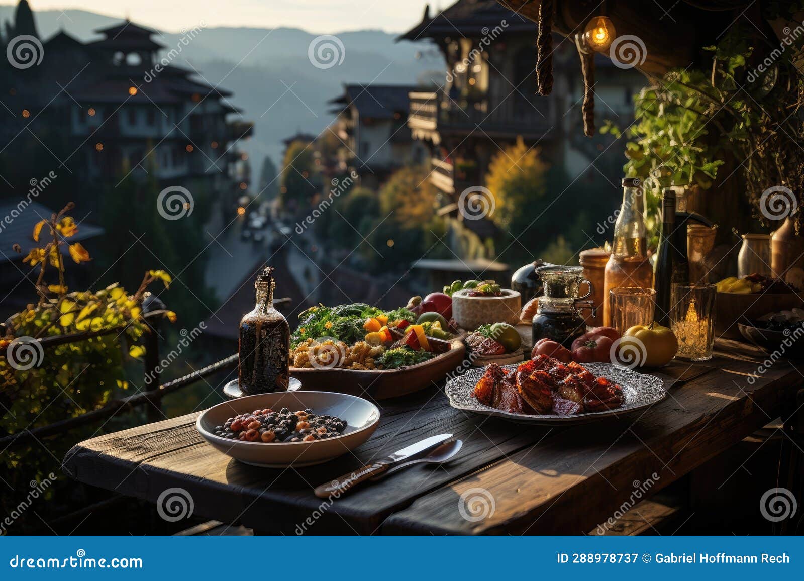 Colorful Feast on Rustic Table in the Sun., Generative IA Stock ...