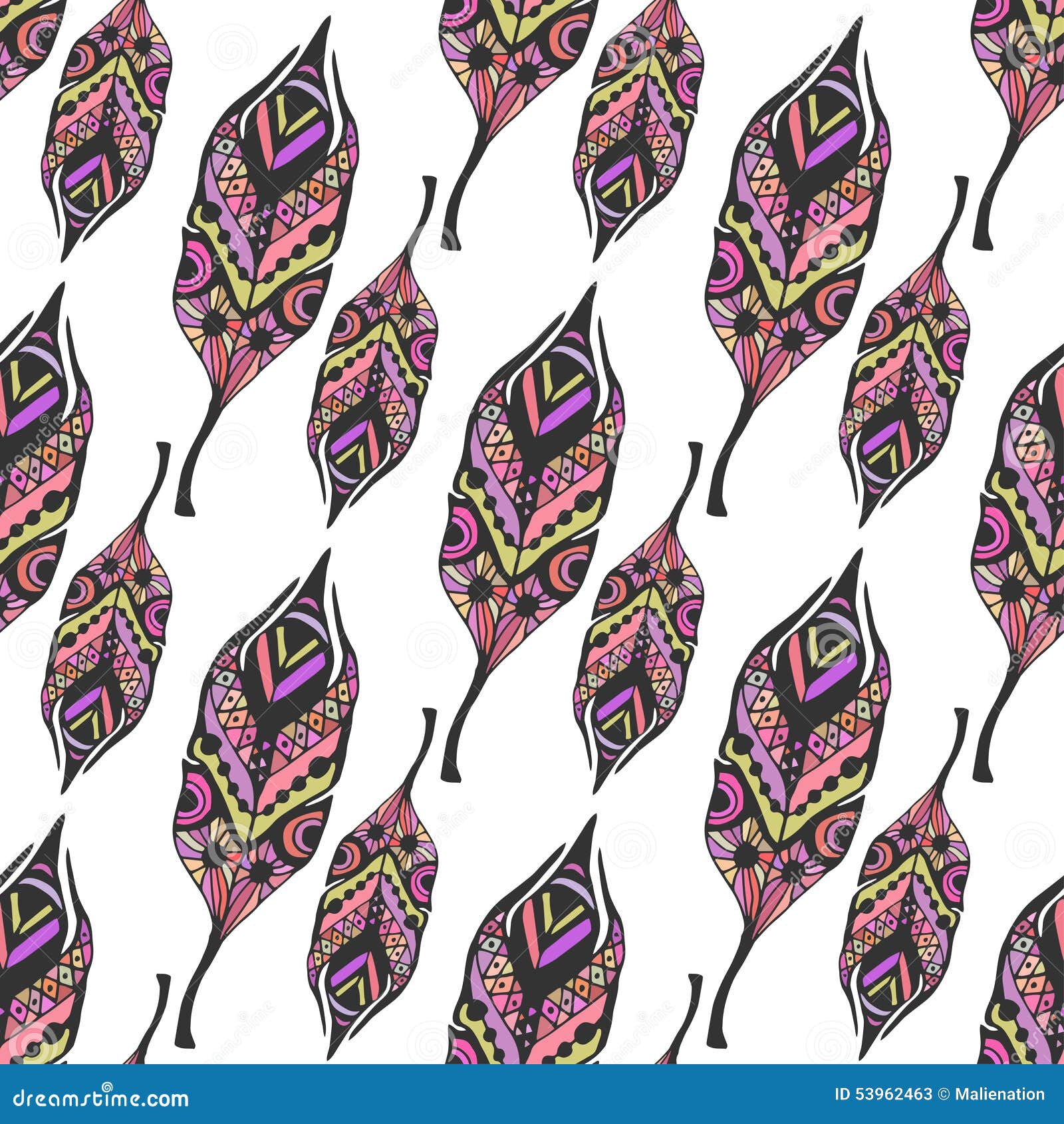 Colorful Feathers Seamless Pattern in Zentangle Style. Hand Drawn ...