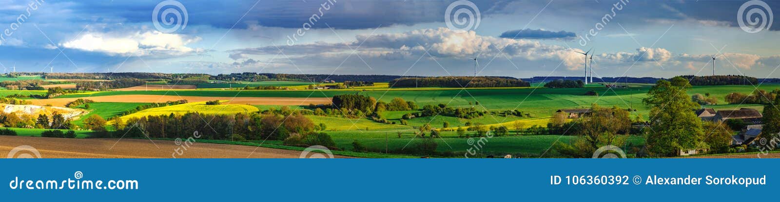 Colorful Fields in Belgian Countryside Panoramic View with Windmill on ...
