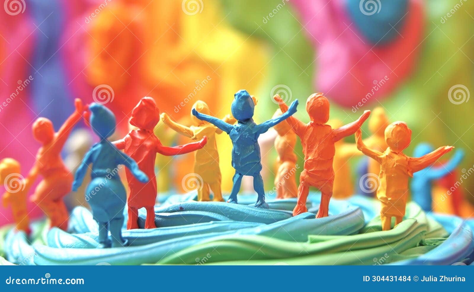 Colorful Figures of People Made of Plasticine with Raised Hands on ...
