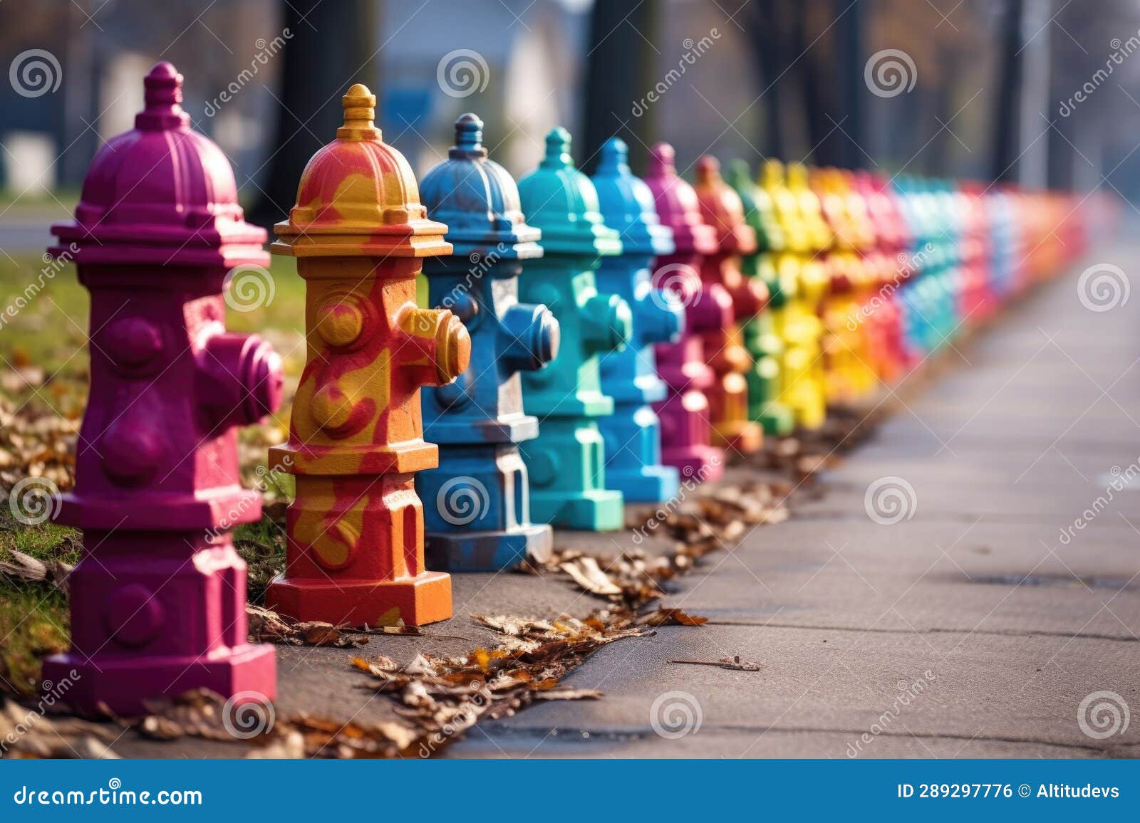 Colorful Fire Hydrants Lined Up in a Row Stock Photo - Image of public ...