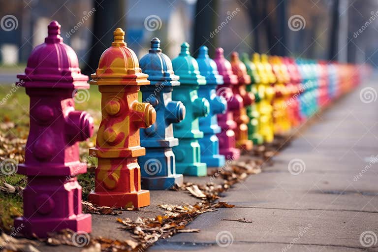 Colorful Fire Hydrants Lined Up in a Row Stock Photo - Image of public ...