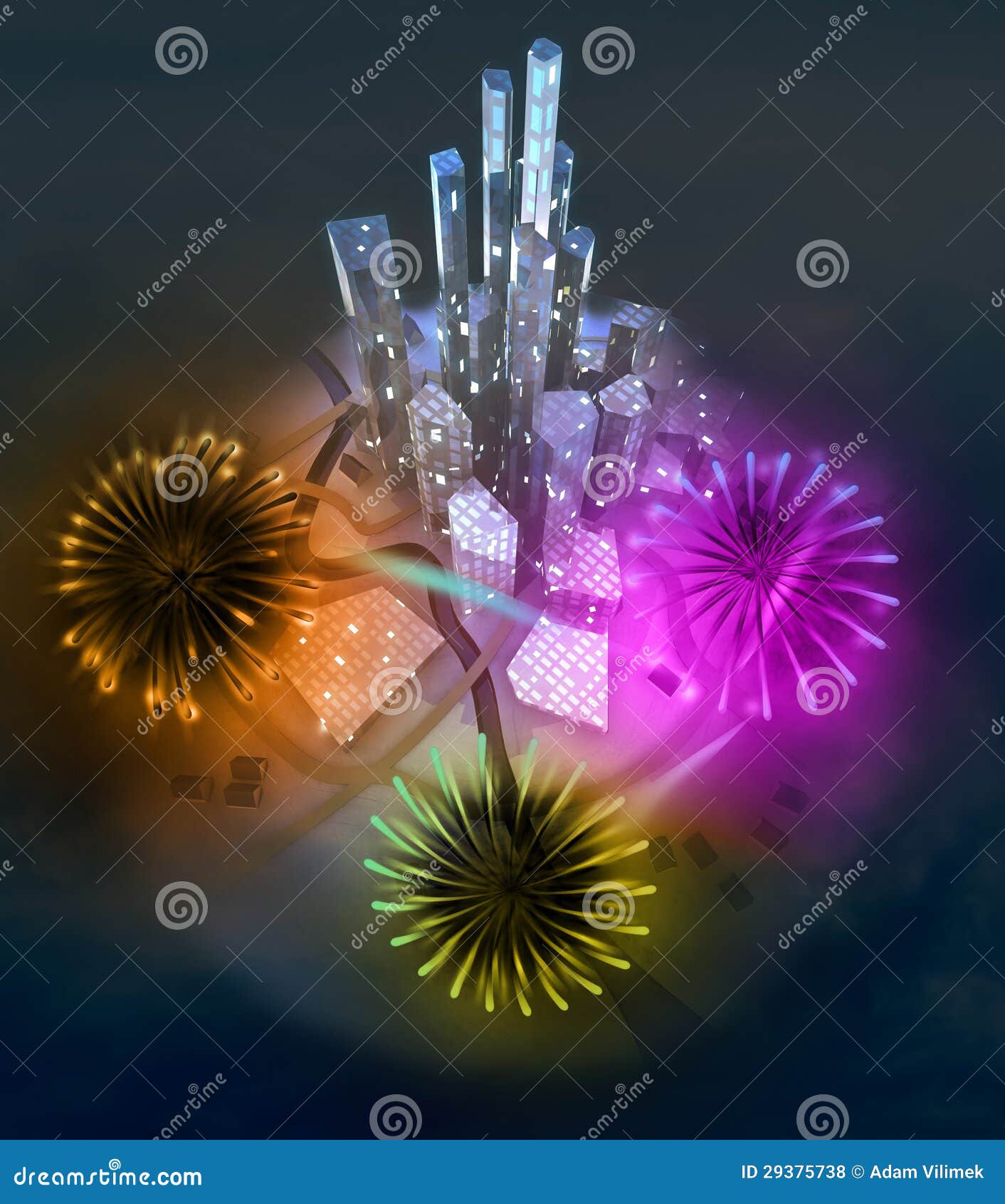 Colorful Firework Celebration Above Modern Cityscape Stock Illustration ...
