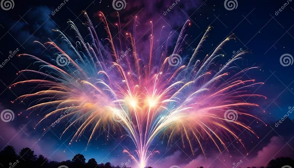 A Colorful Firework Display with Multiple Explosions Forming a Cloud ...