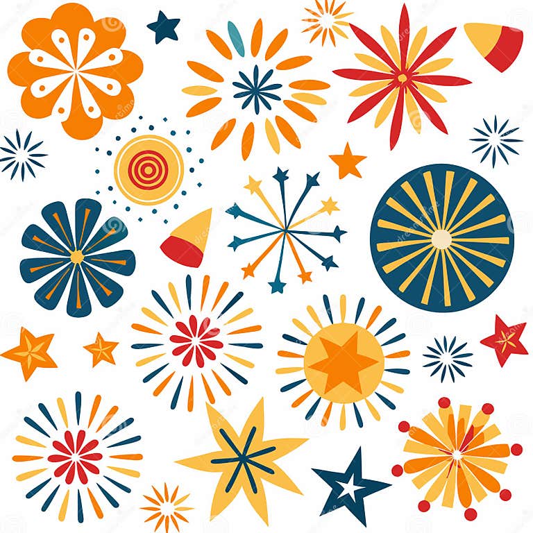 Colorful Firework and Star Illustrations on a White Background Stock ...