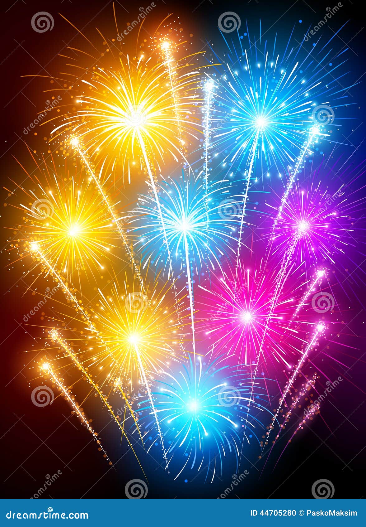 Colorful Fireworks On Black Background. Night Sky With Stars And ...