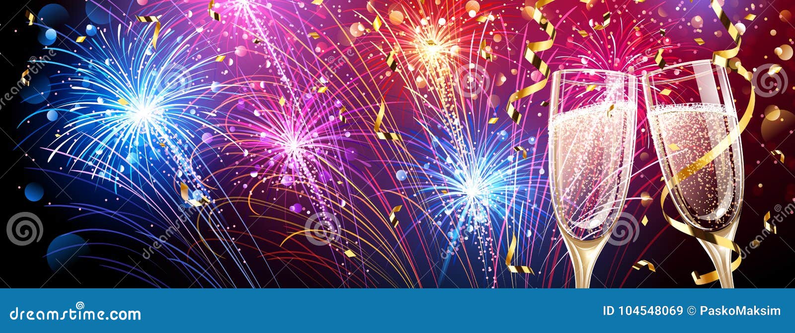 Colorful Fireworks with Champagne and Confetti Stock Vector ...