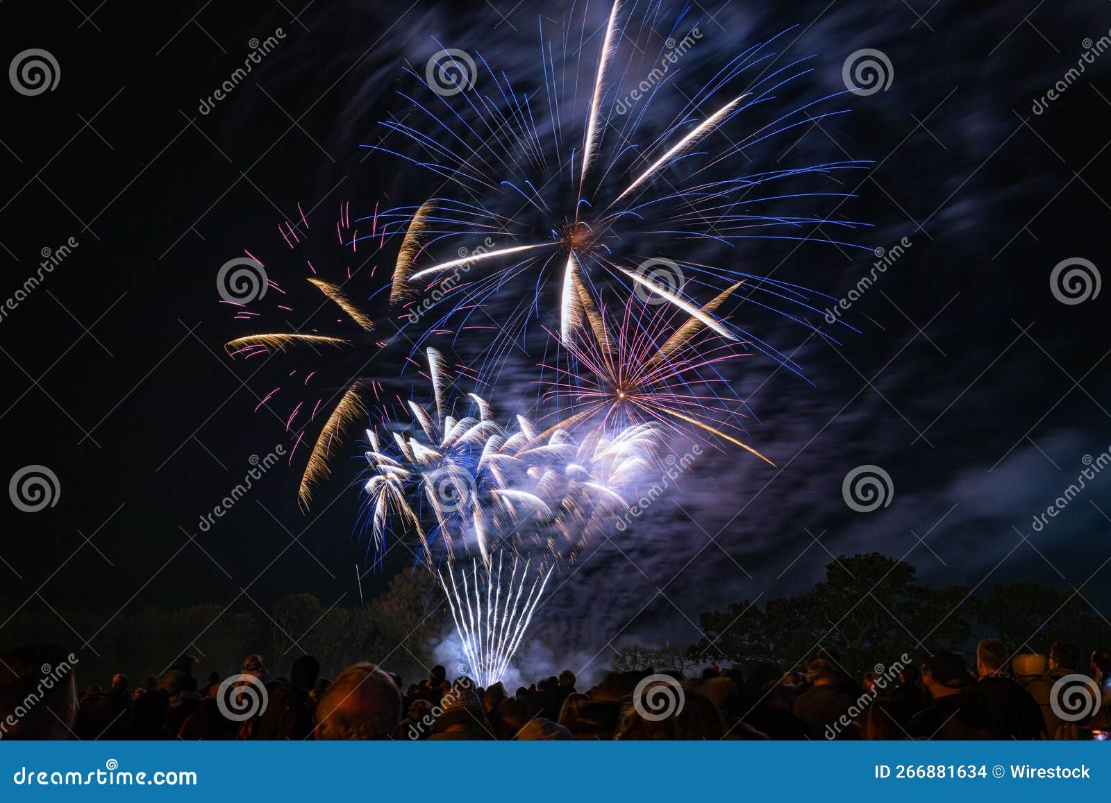 Colorful Fireworks with Crowd at Night Stock Photo - Image of ...