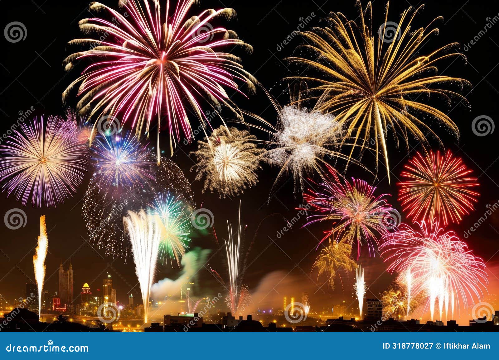 Colorful Fireworks Exploding and Lighting Up the Night Sky Over the ...