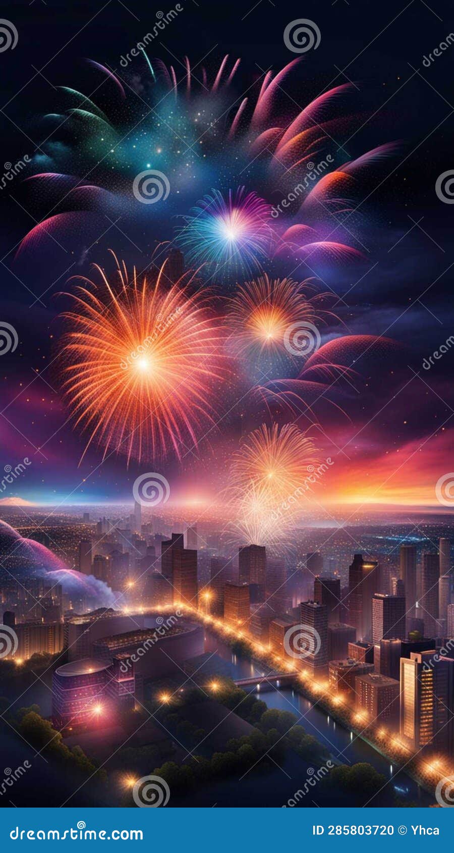 Colorful Fireworks Exploding In The Night Sky Over A City AI Generated ...