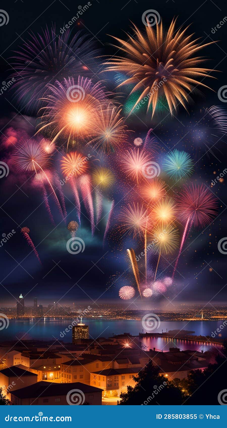 Colorful Fireworks Exploding in the Night Sky Over a City AI Generated ...
