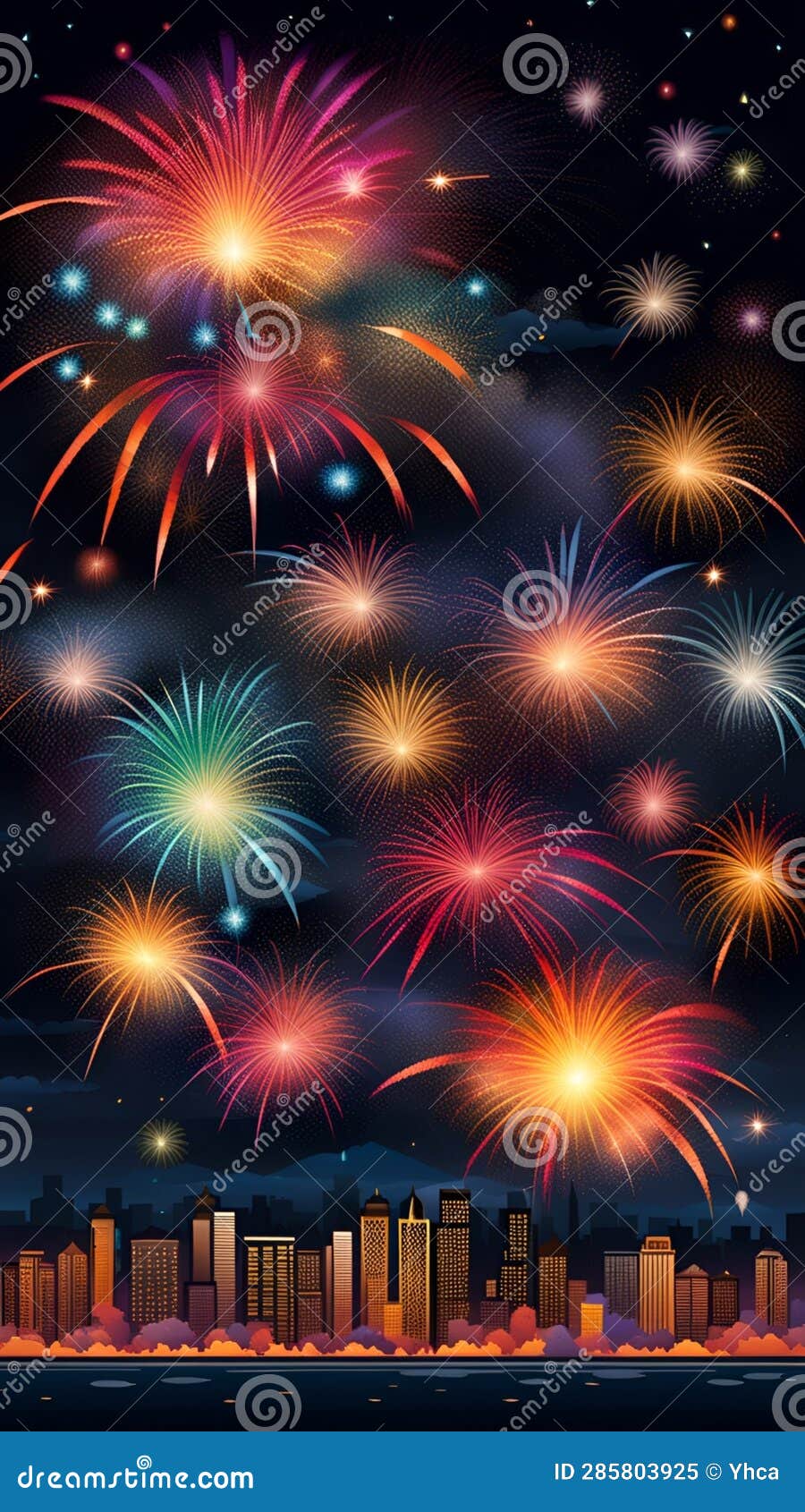 Colorful Fireworks Exploding In The Night Sky Over A City AI Generated ...