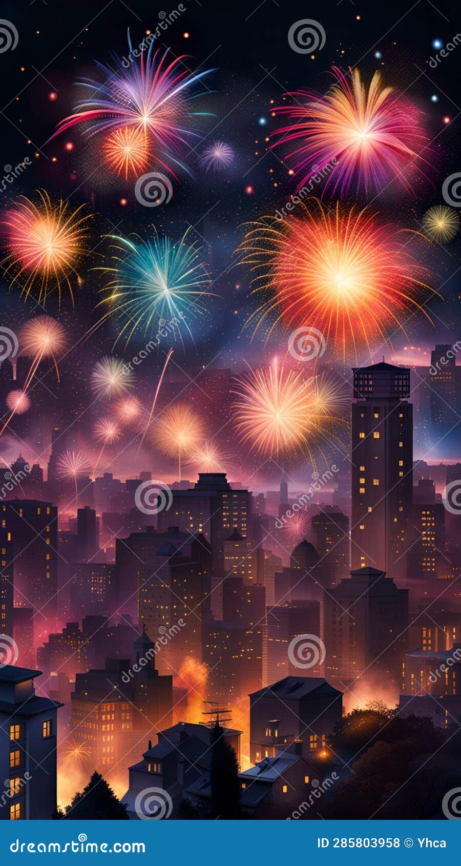 Colorful Fireworks Exploding In The Night Sky Over A City AI Generated ...
