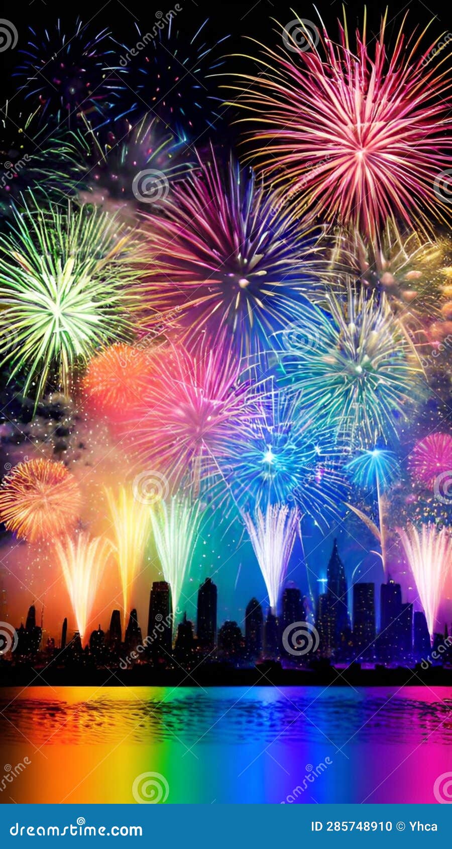 Colorful Fireworks Exploding in the Night Sky Over a City Illustration ...