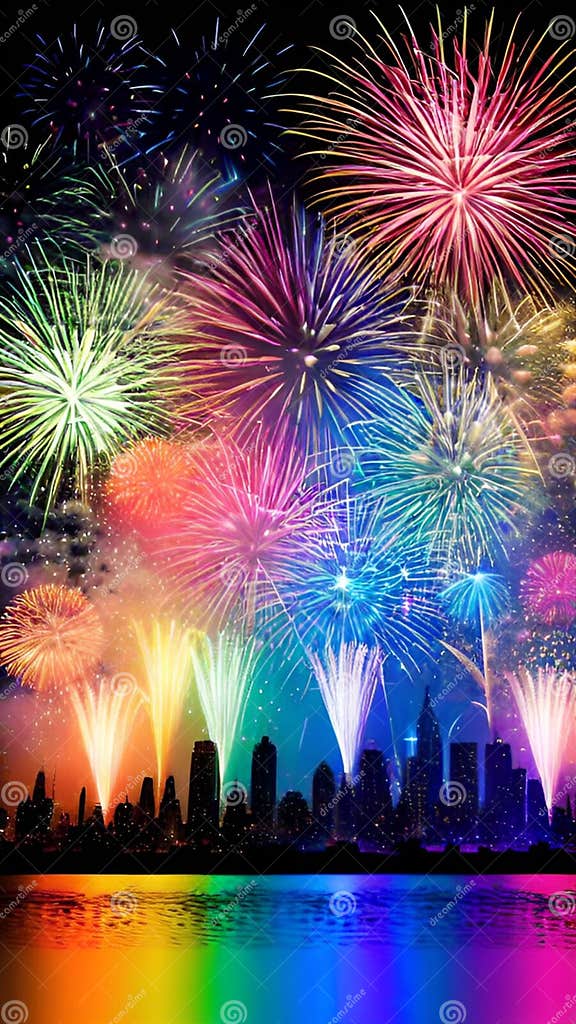 Colorful Fireworks Exploding in the Night Sky Over a City Illustration ...