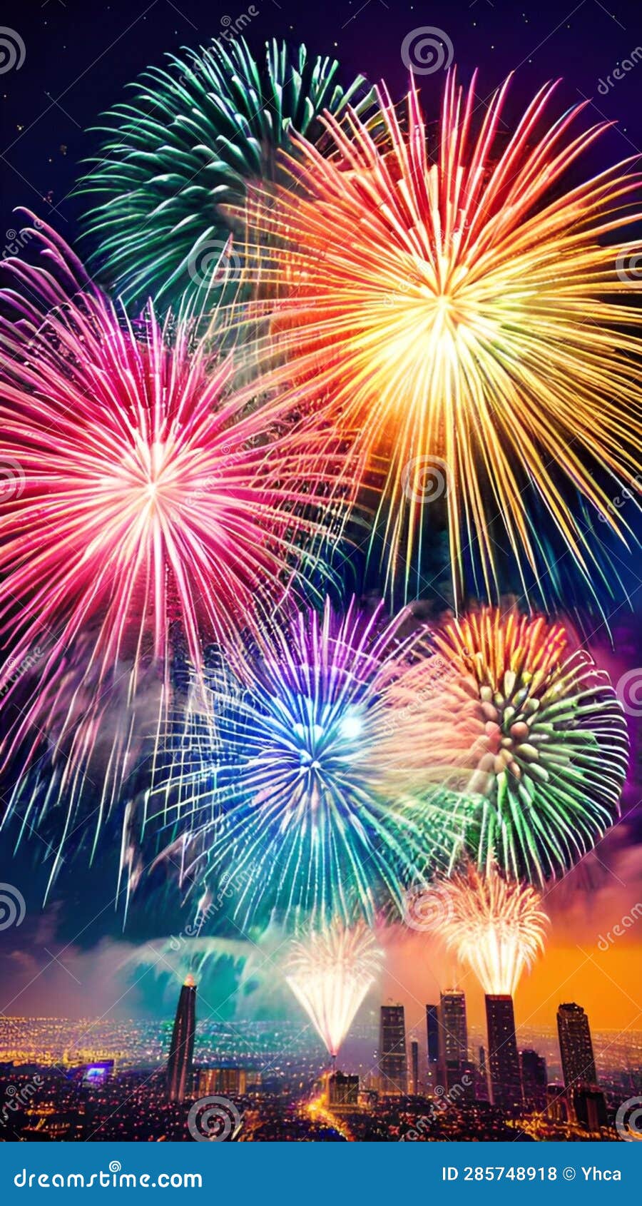 Colorful Fireworks Exploding in the Night Sky Over a City Illustration ...