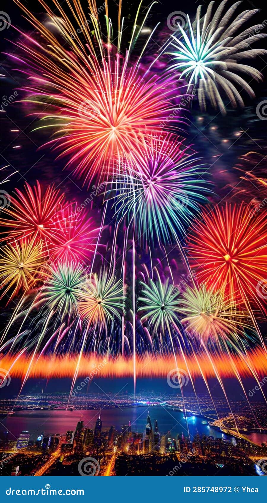 Colorful Fireworks Exploding in the Night Sky Over a City Illustration ...