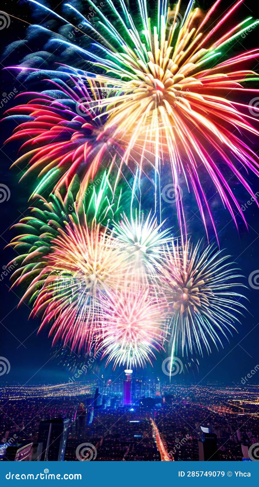 Colorful Fireworks Exploding in the Night Sky Over a City Illustration ...