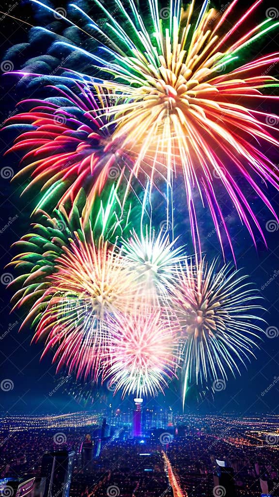 Colorful Fireworks Exploding in the Night Sky Over a City Illustration ...