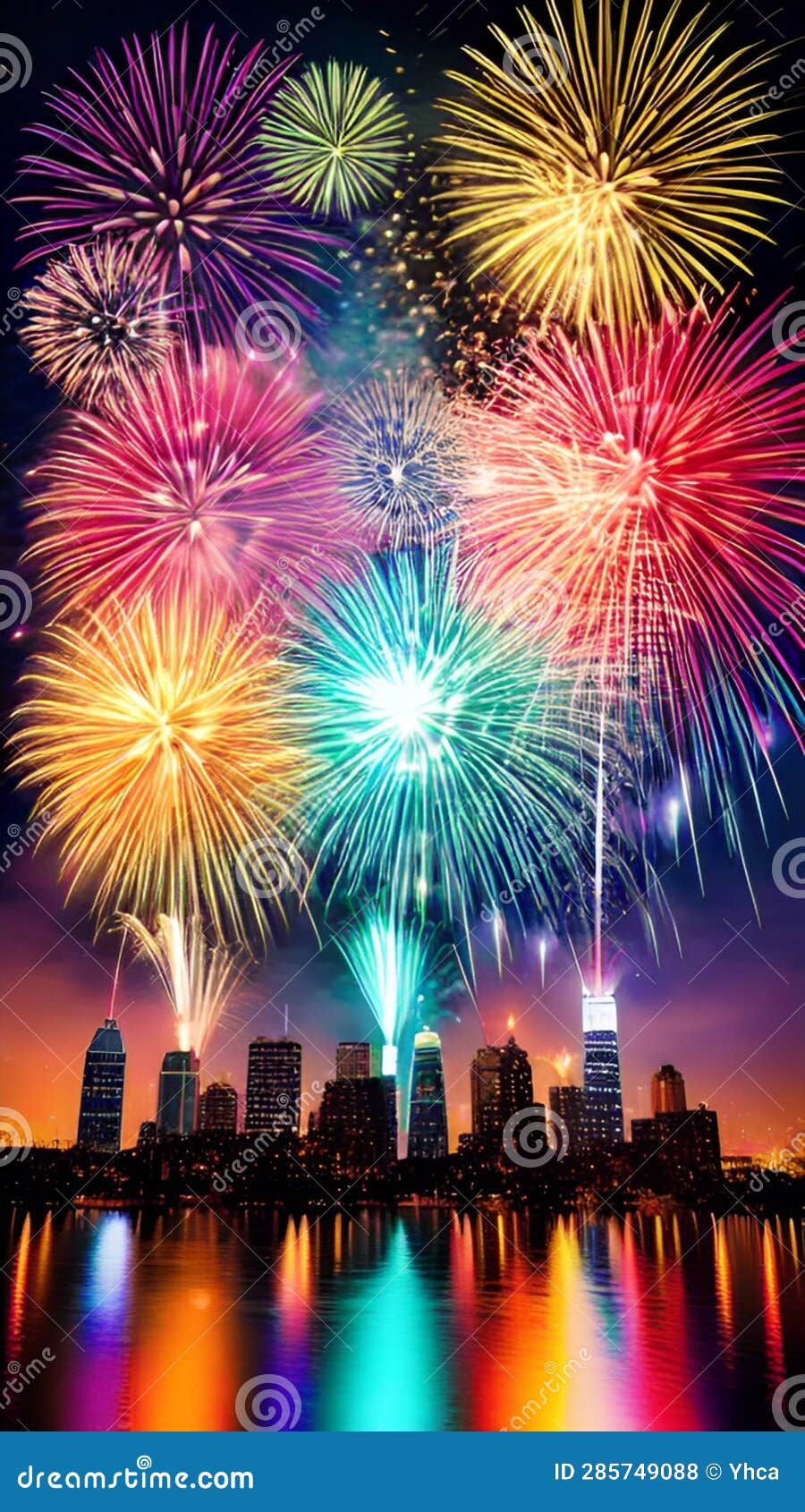 Colorful Fireworks Exploding in the Night Sky Over a City Illustration ...