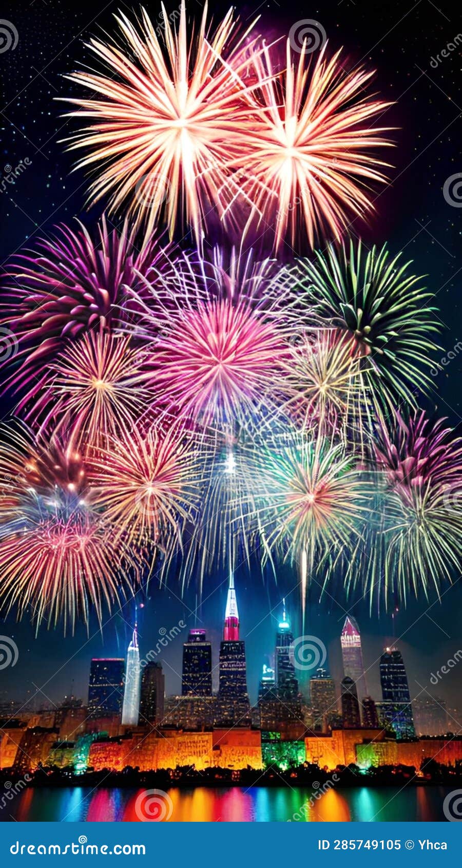 Colorful Fireworks Exploding in the Night Sky Over a City Illustration ...