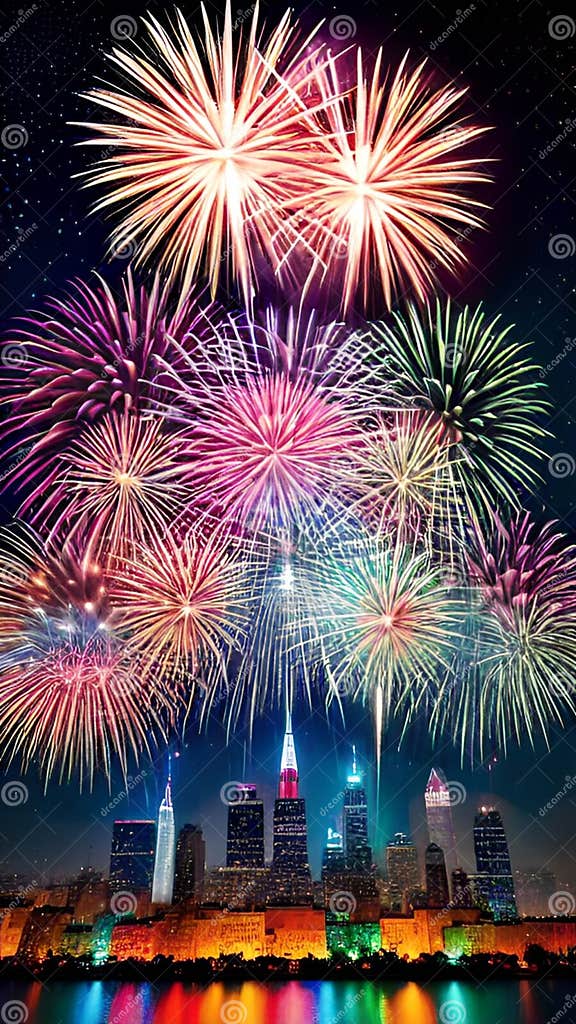 Colorful Fireworks Exploding in the Night Sky Over a City Illustration ...