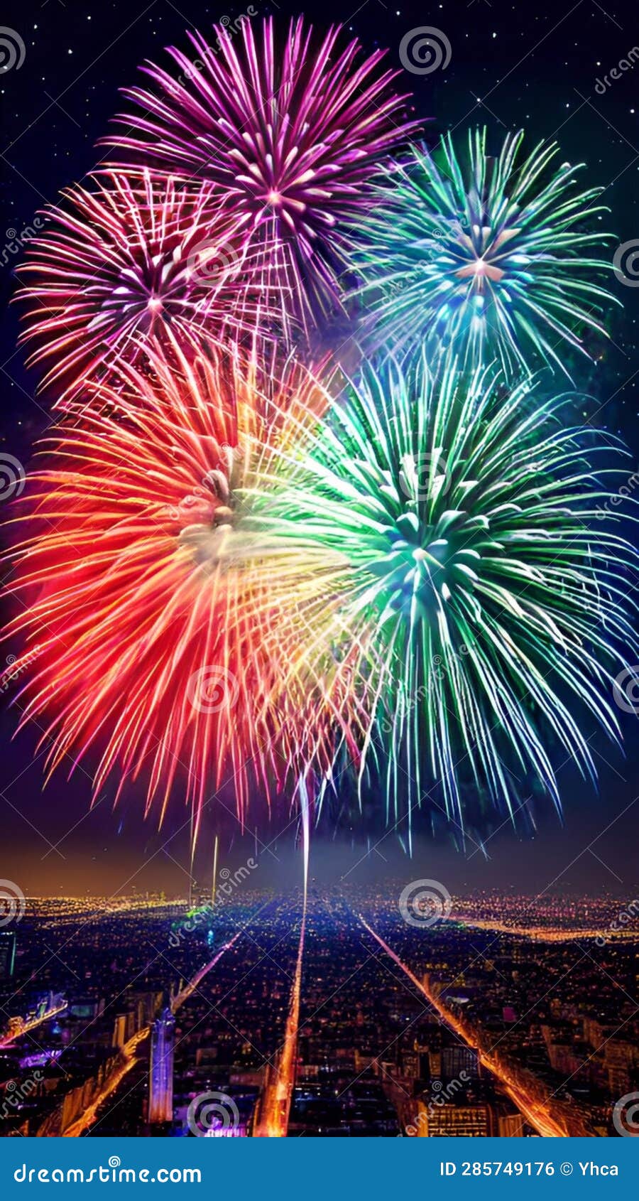 Colorful Fireworks Exploding in the Night Sky Over a City Illustration ...