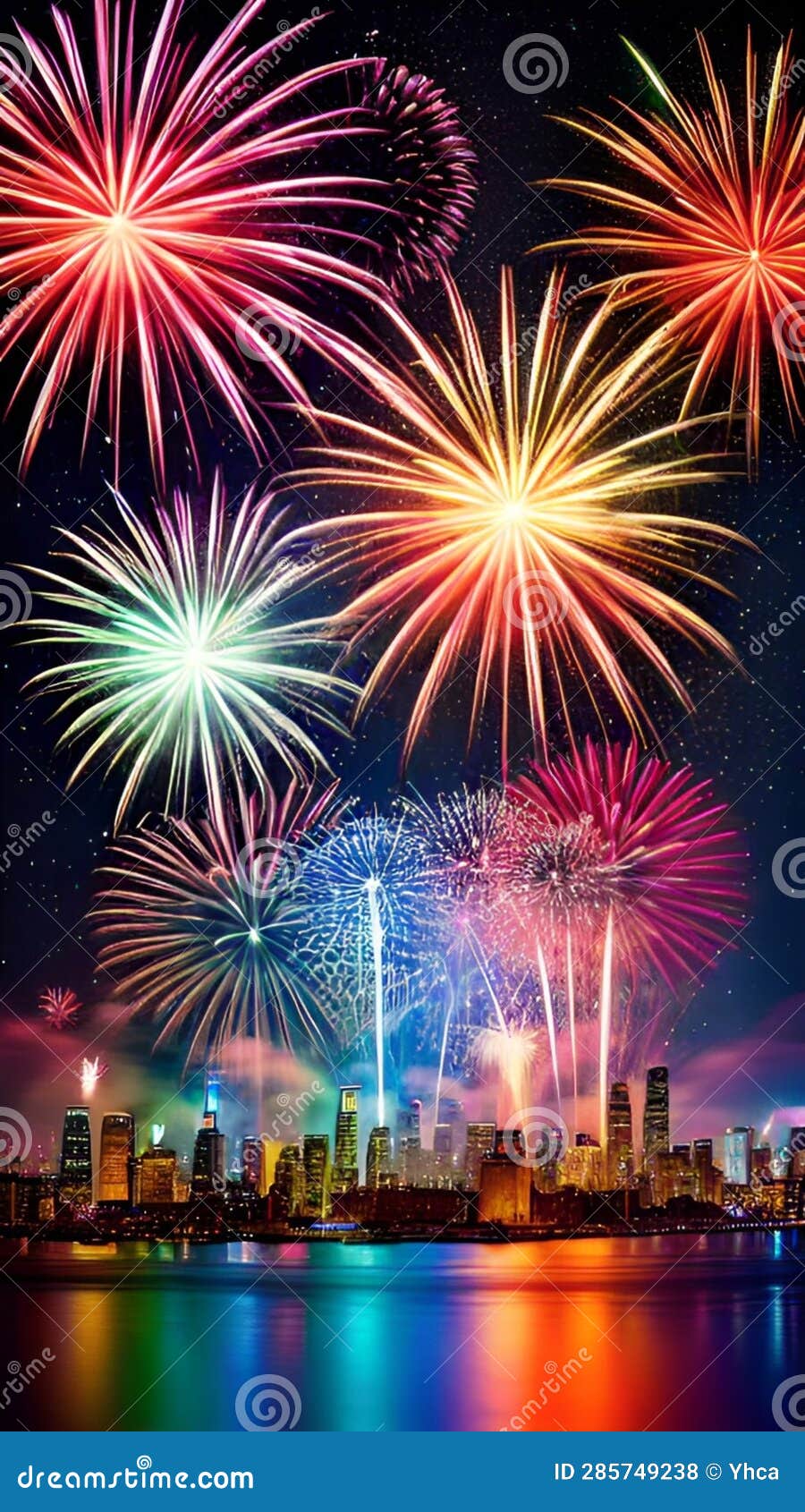 Colorful Fireworks Exploding in the Night Sky Over a City Illustration ...