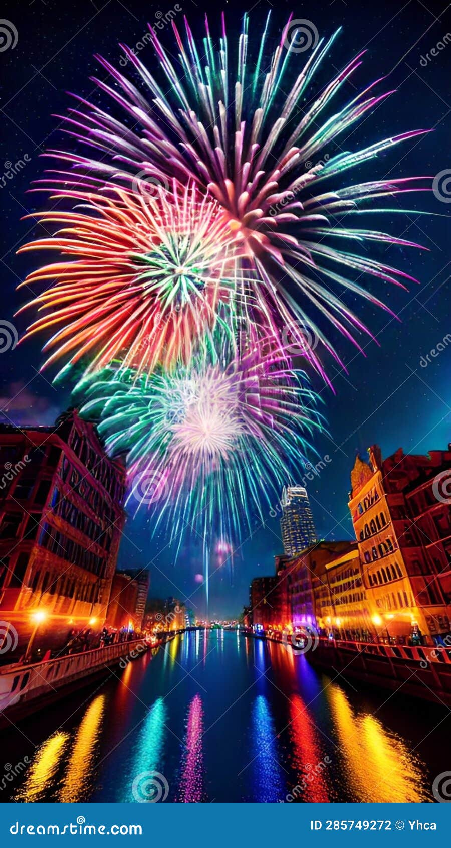 Colorful Fireworks Exploding in the Night Sky Over a City Illustration ...