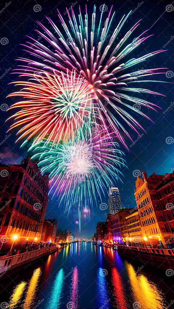 Colorful Fireworks Exploding in the Night Sky Over a City Illustration ...