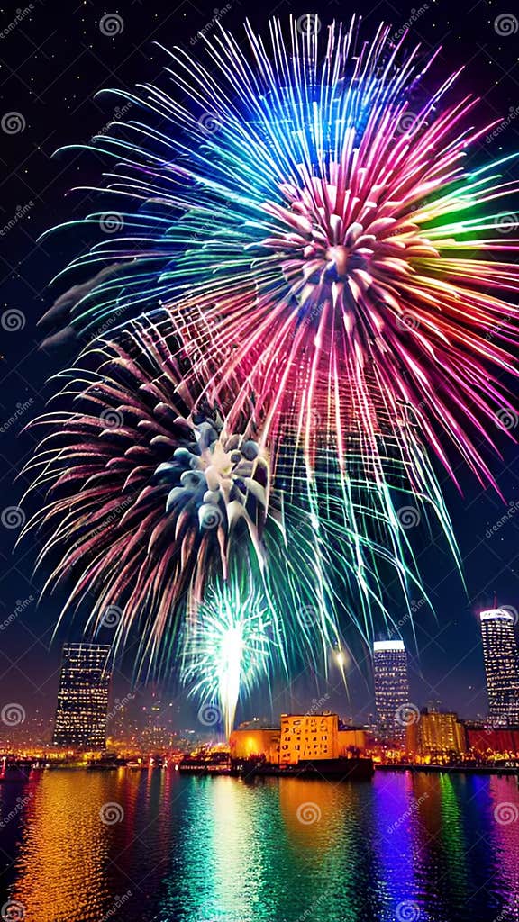 Colorful Fireworks Exploding in the Night Sky Over a City Illustration ...