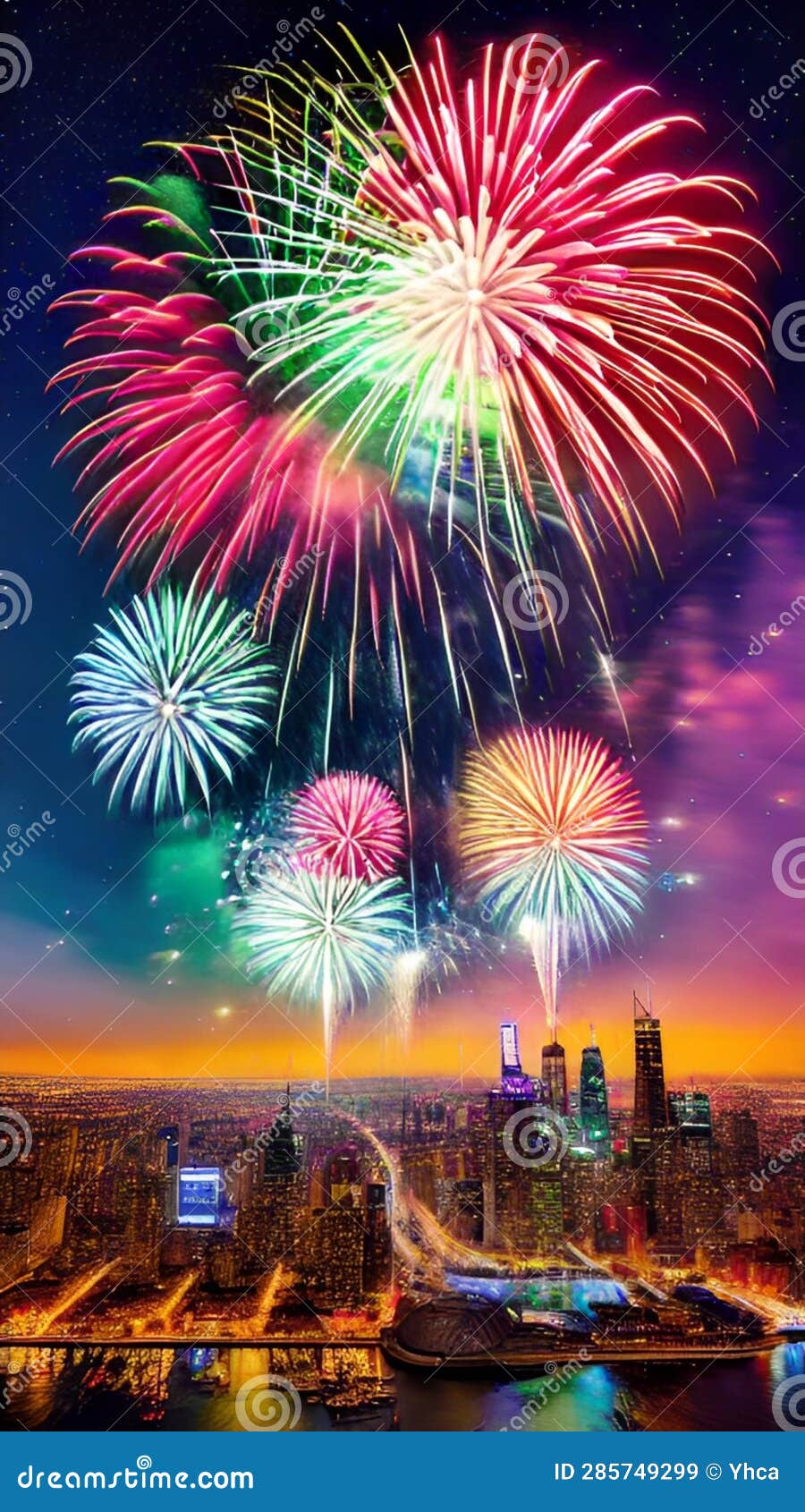 Colorful Fireworks Exploding in the Night Sky Over a City Illustration ...