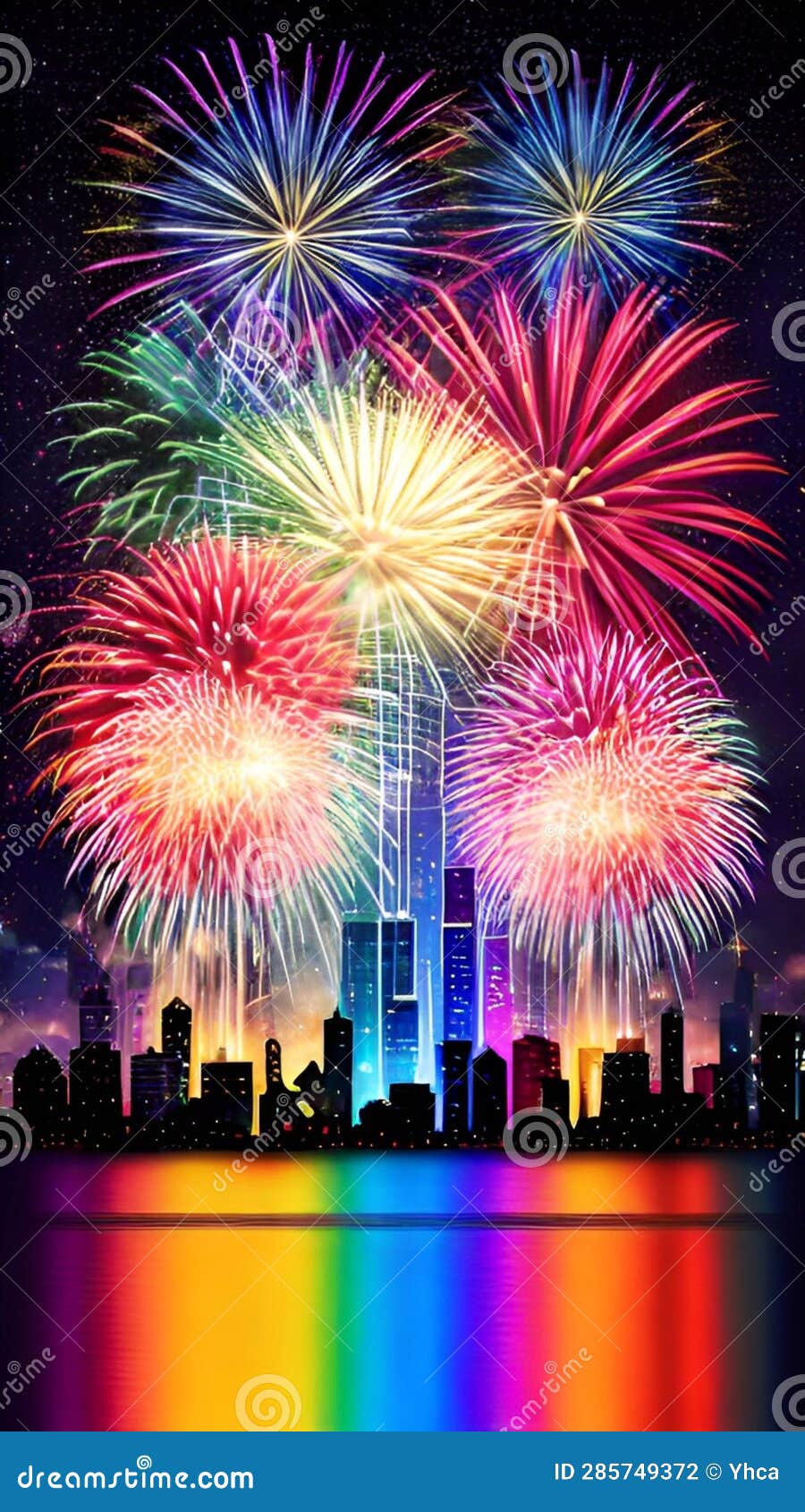 Colorful Fireworks Exploding in the Night Sky Over a City Illustration ...