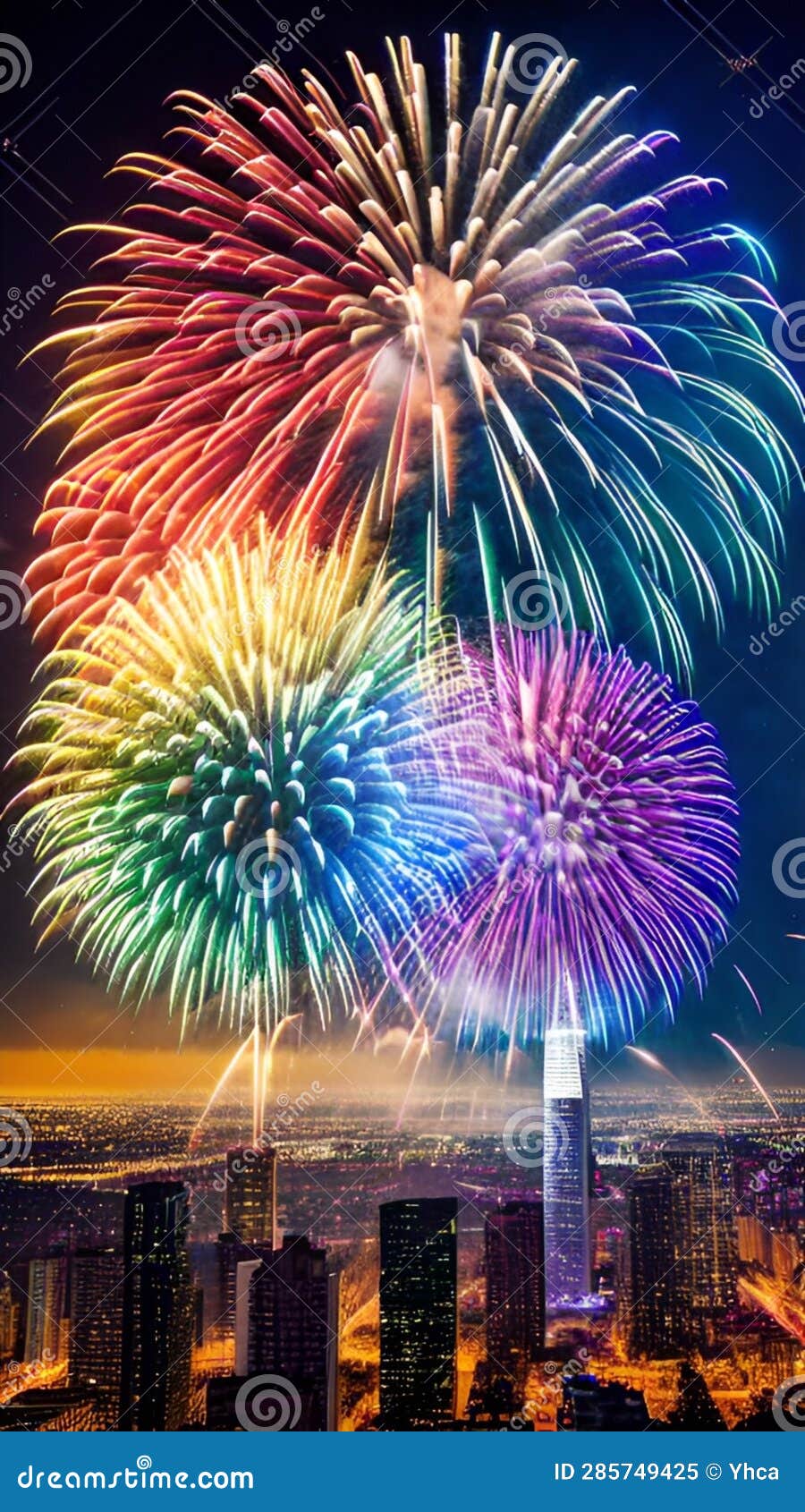 Colorful Fireworks Exploding in the Night Sky Over a City Illustration ...