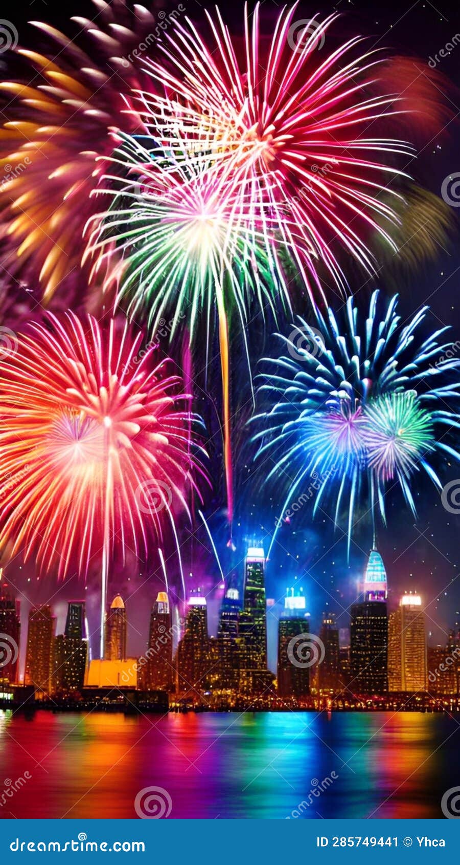 Colorful Fireworks Exploding in the Night Sky Over a City Illustration ...