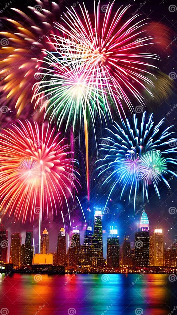 Colorful Fireworks Exploding in the Night Sky Over a City Illustration ...