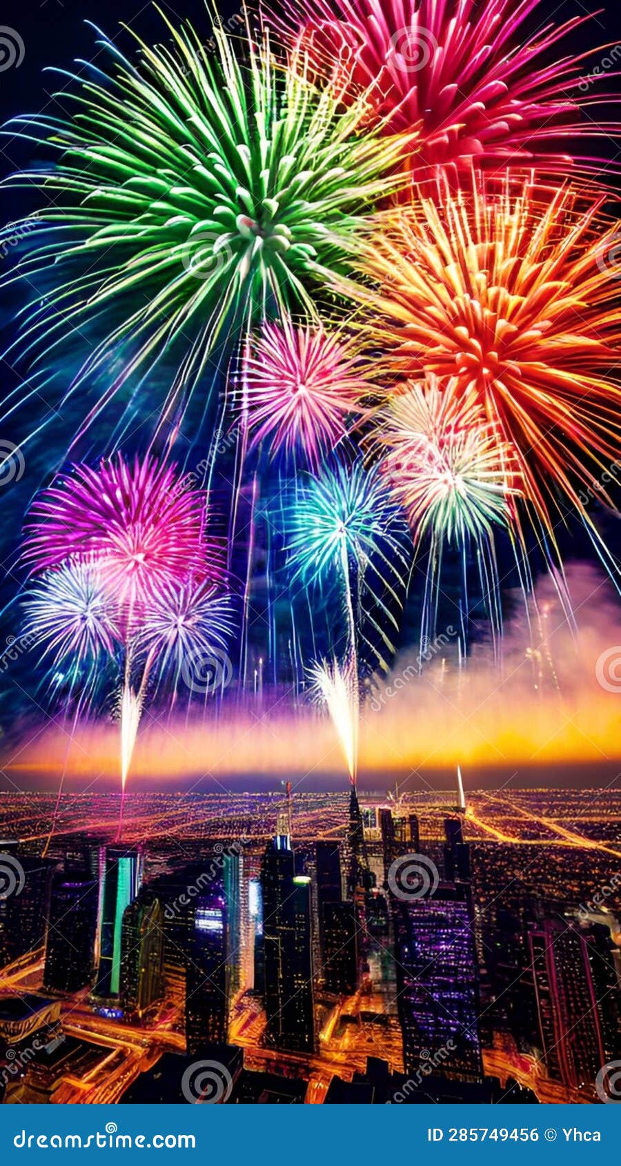 Colorful Fireworks Exploding in the Night Sky Over a City Illustration ...