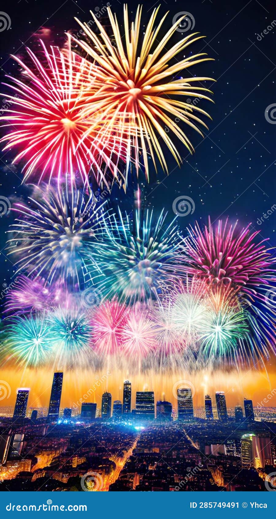 Colorful Fireworks Exploding in the Night Sky Over a City Illustration ...