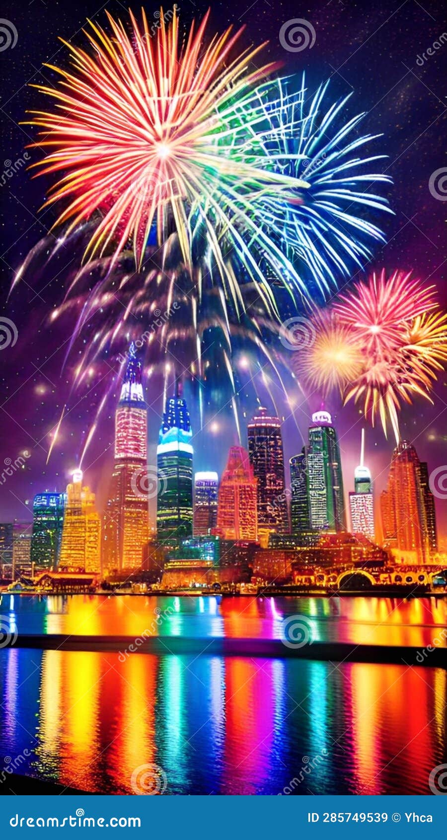 Colorful Fireworks Exploding in the Night Sky Over a City Illustration ...