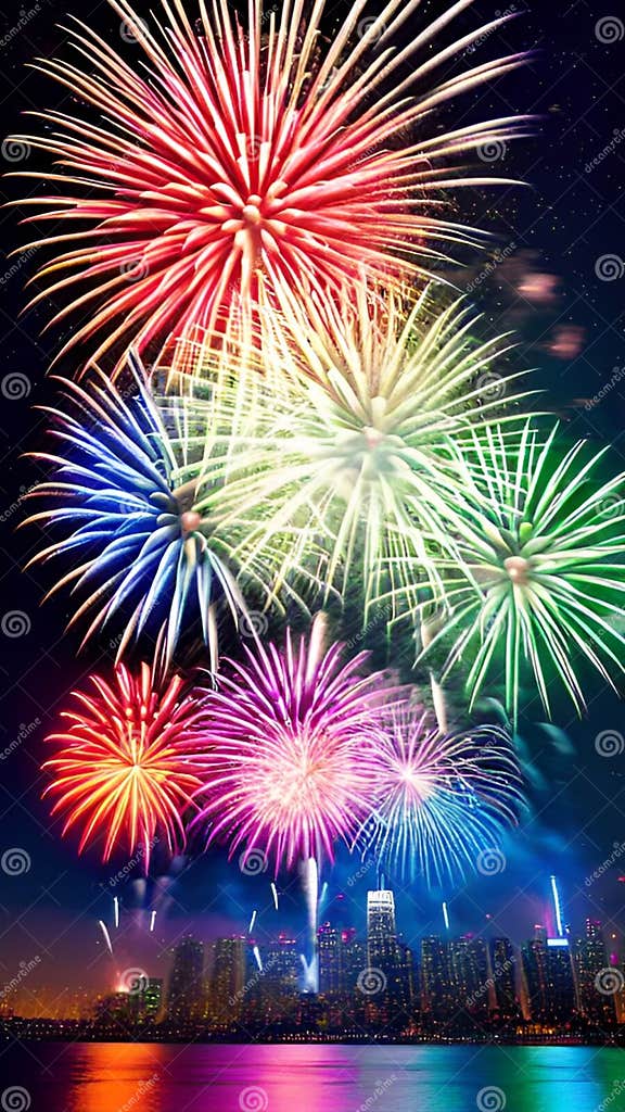 Colorful Fireworks Exploding in the Night Sky Over a City Illustration ...