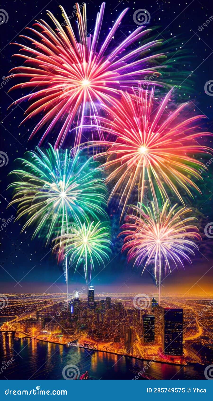 Colorful Fireworks Exploding in the Night Sky Over a City Illustration ...