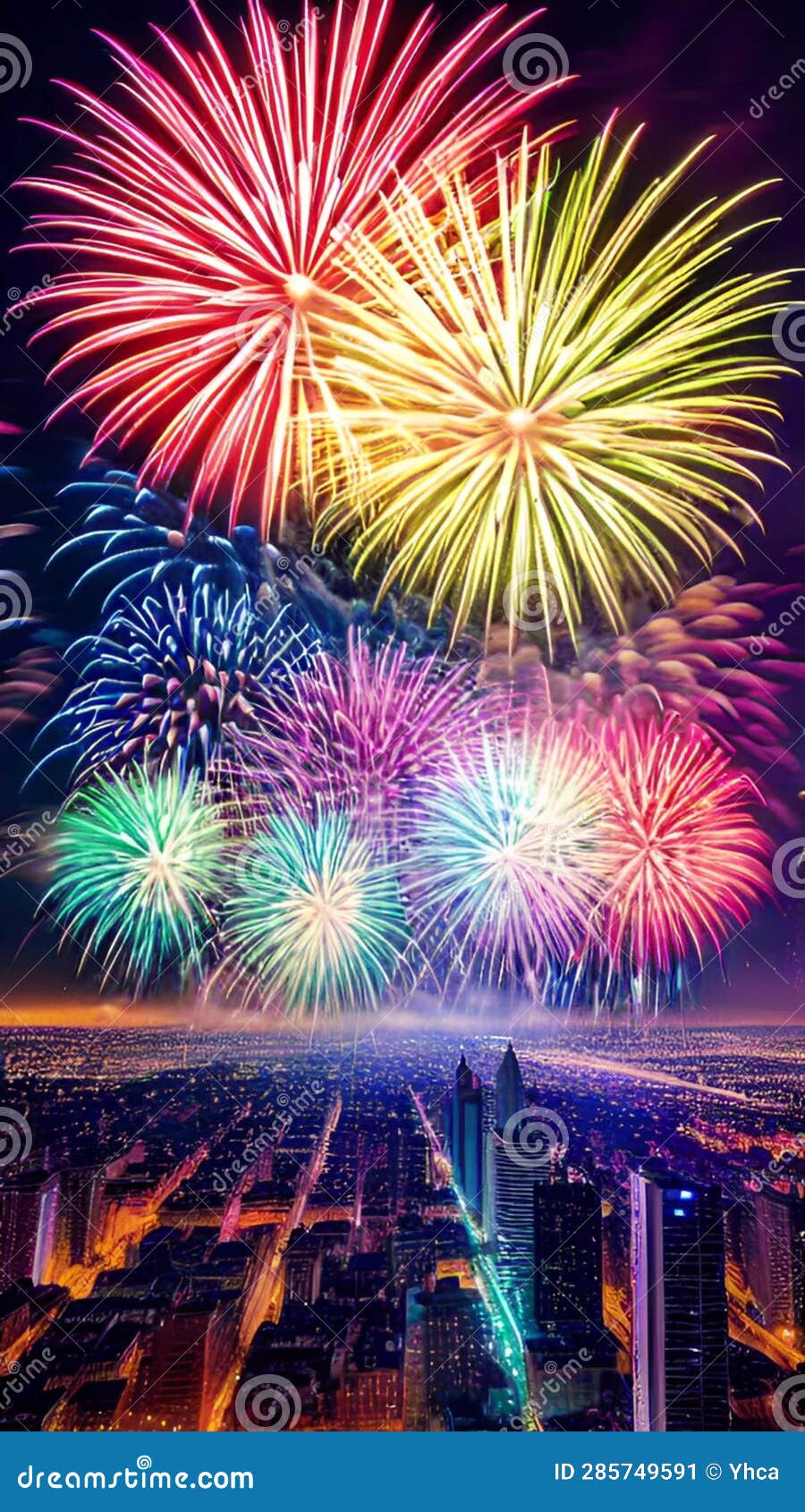 Colorful Fireworks Exploding in the Night Sky Over a City Illustration ...
