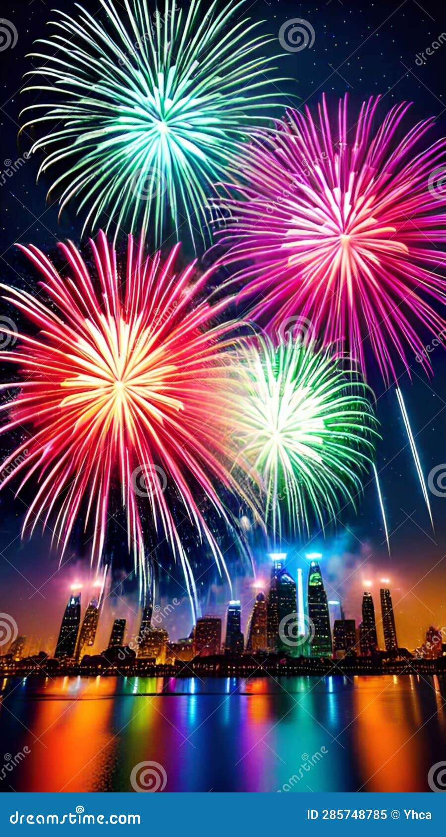 Colorful Fireworks Exploding in the Night Sky Over a City Illustration ...