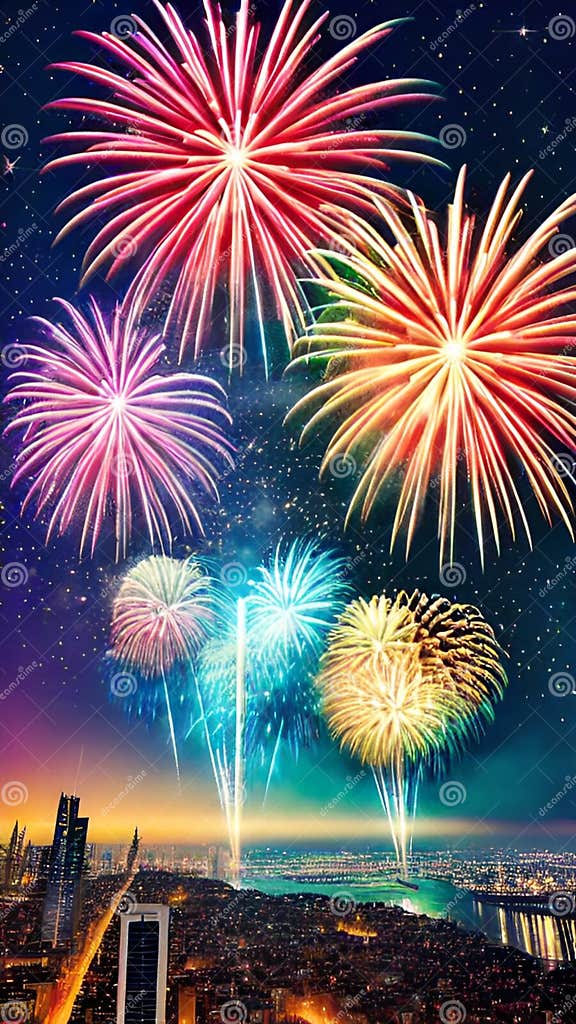 Colorful Fireworks Exploding in the Night Sky Over a City Illustration ...