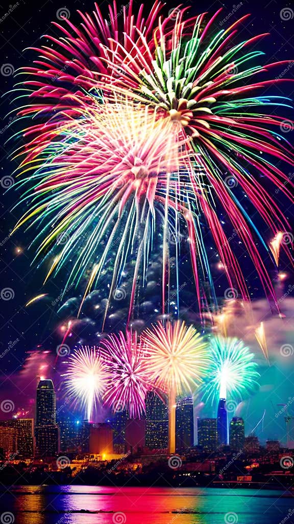 Colorful Fireworks Exploding in the Night Sky Over a City Illustration ...