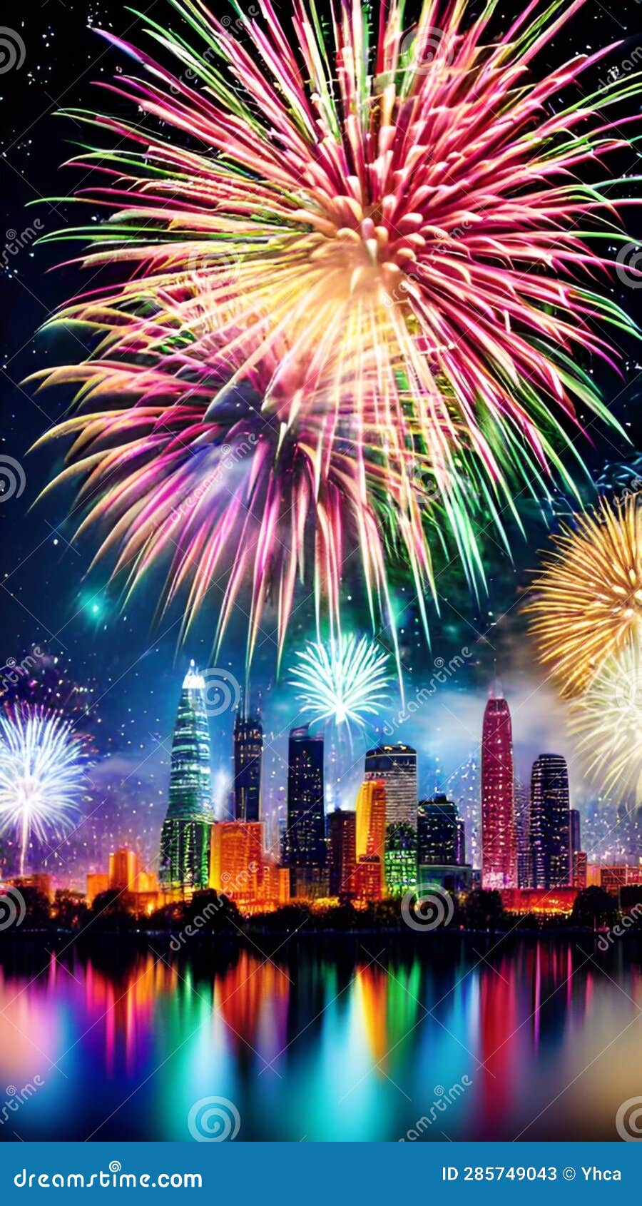 Colorful Fireworks Exploding in the Night Sky Over a City Illustration ...
