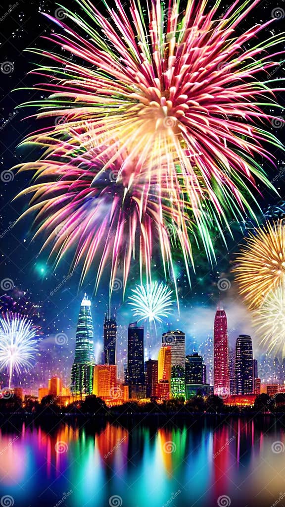 Colorful Fireworks Exploding in the Night Sky Over a City Illustration ...