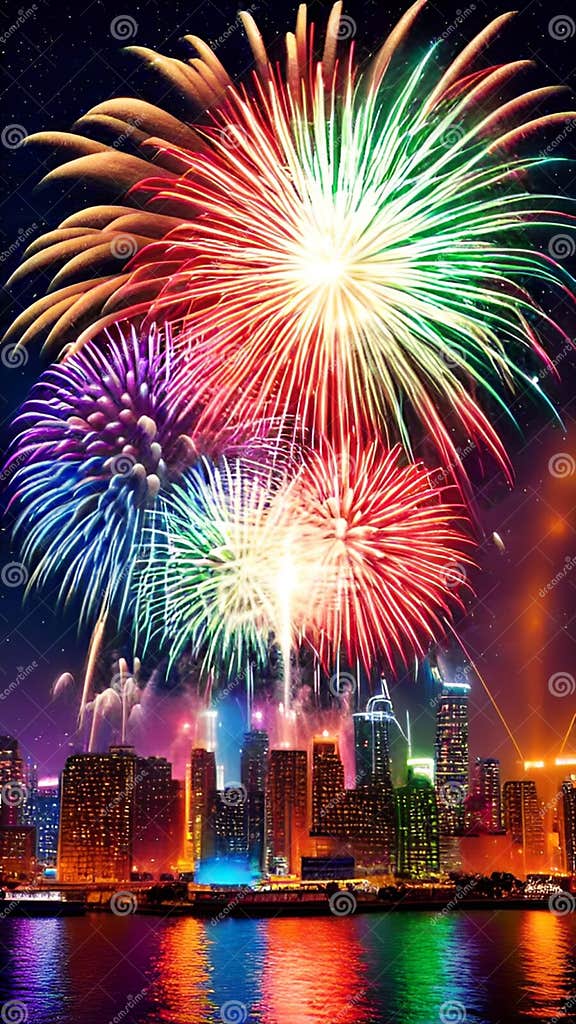 Colorful Fireworks Exploding in the Night Sky Over a City Illustration ...